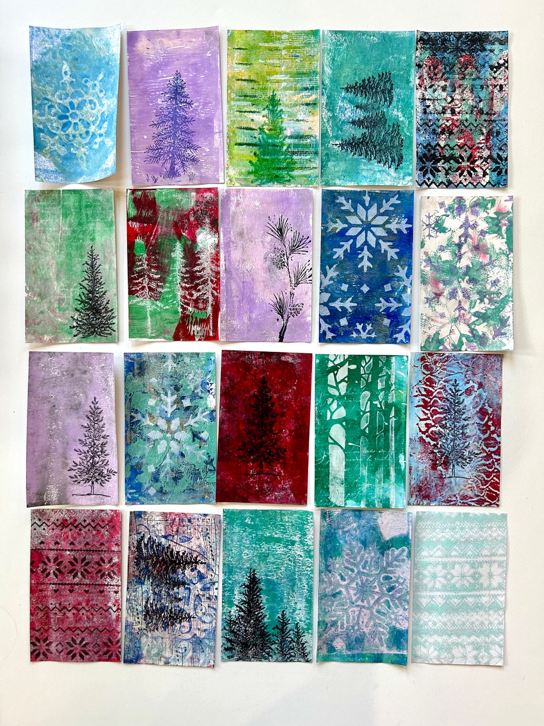 Gelli Prints Christmas Index Cards Set Of 20 Handprinted Unique Junk