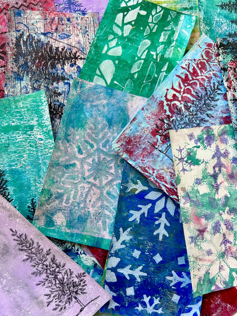 GELLI PRINTS Christmas Index Cards Set of 20 Handprinted UNIQUE Junk ...