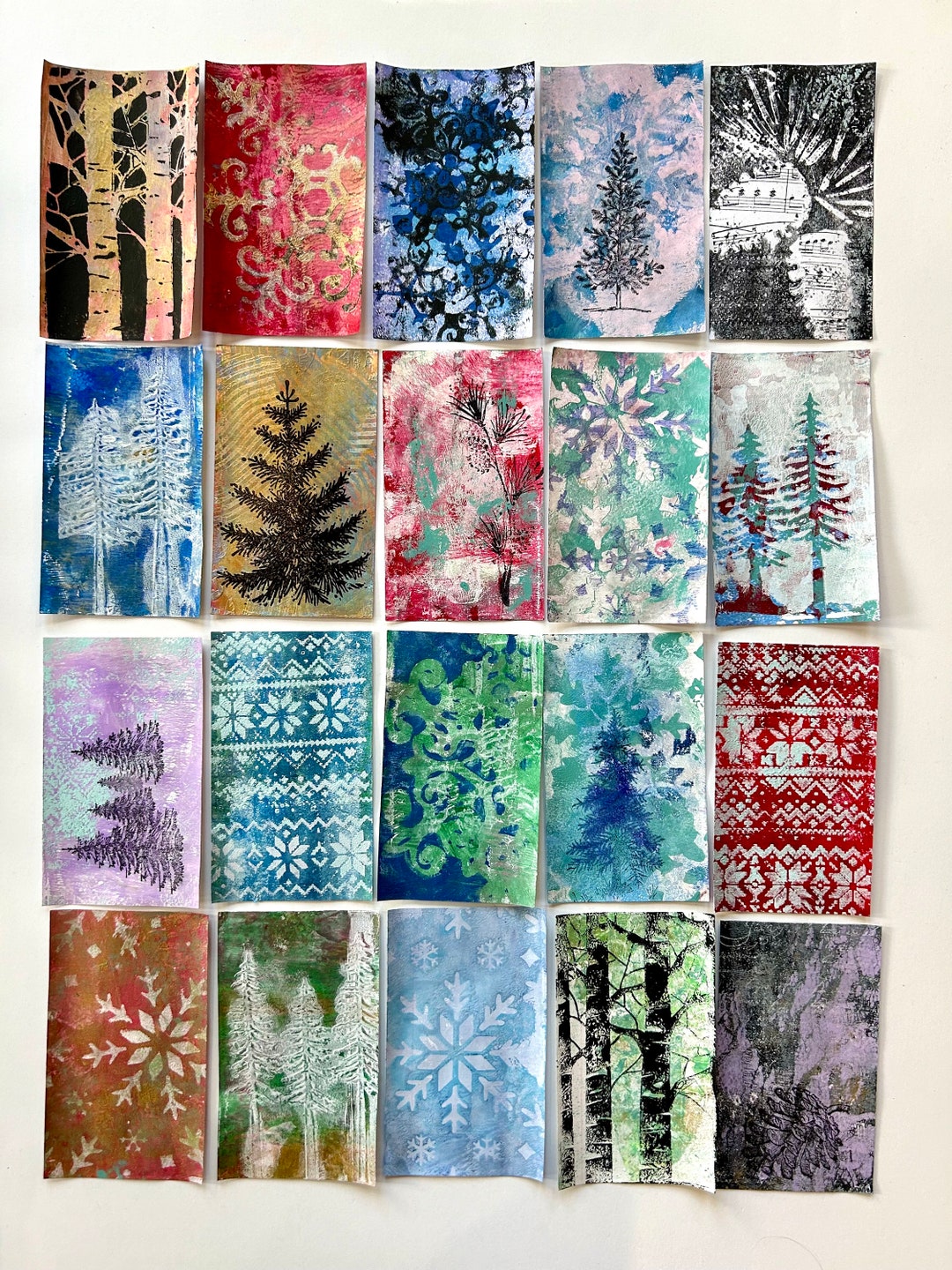 GELLI PRINTS Winter Abstract Index Cards Setof 20 Handprinted UNIQUE ...