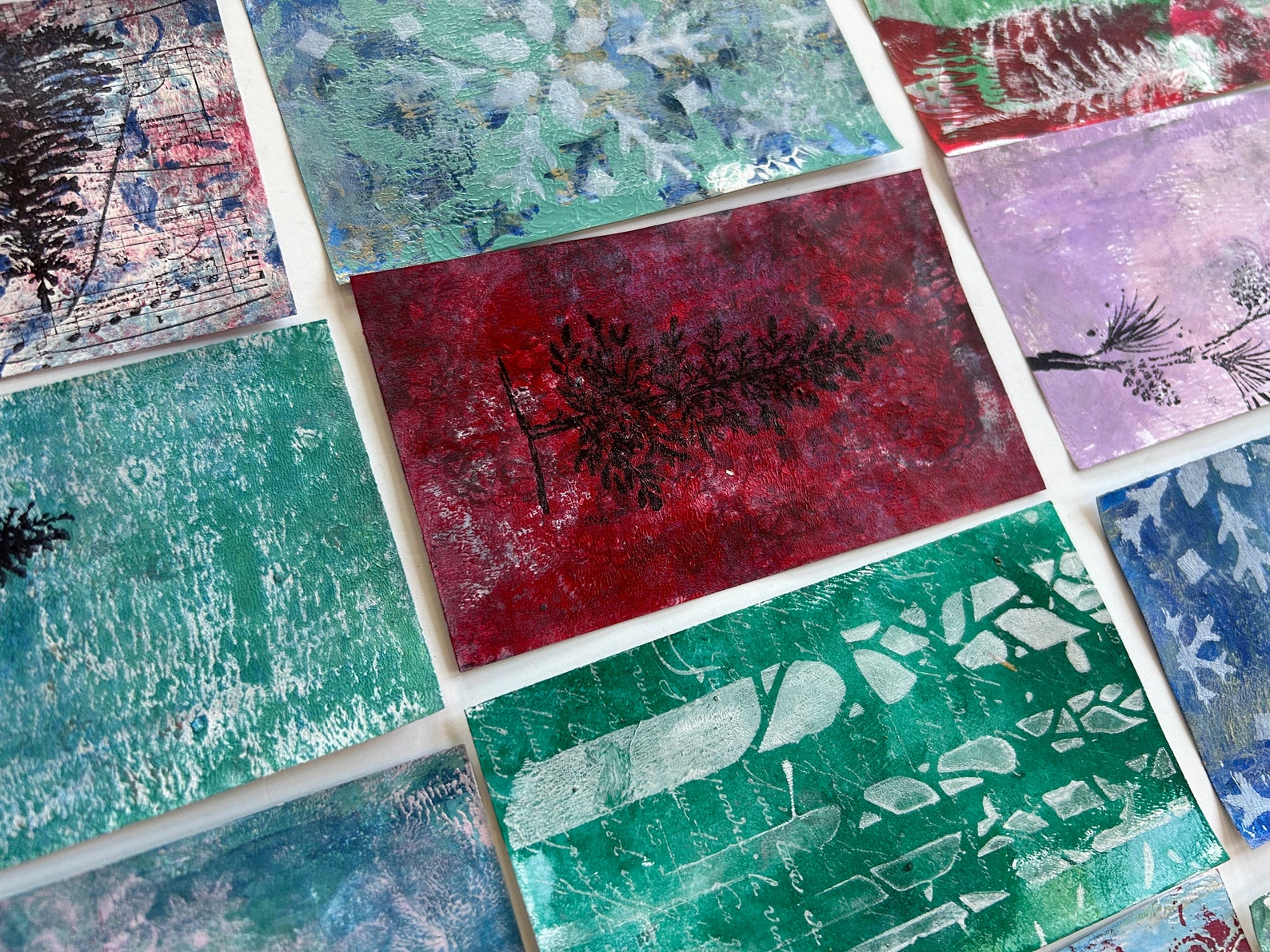 GELLI PRINTS Christmas Index Cards Set of 20 Handprinted UNIQUE Junk ...
