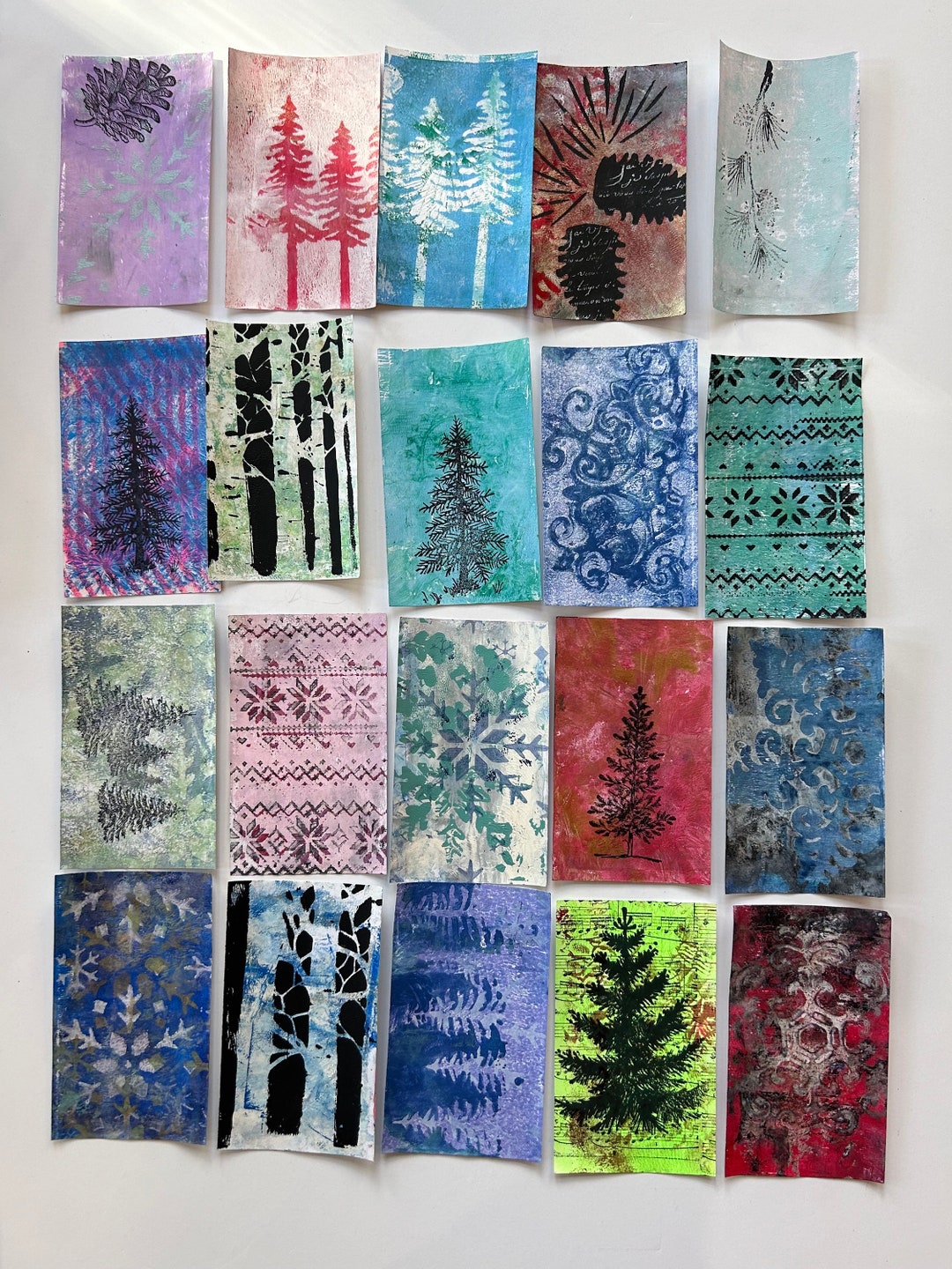 GELLI PRINTS Winter Abstract Index Cards Set of 20 Handprinted UNIQUE ...