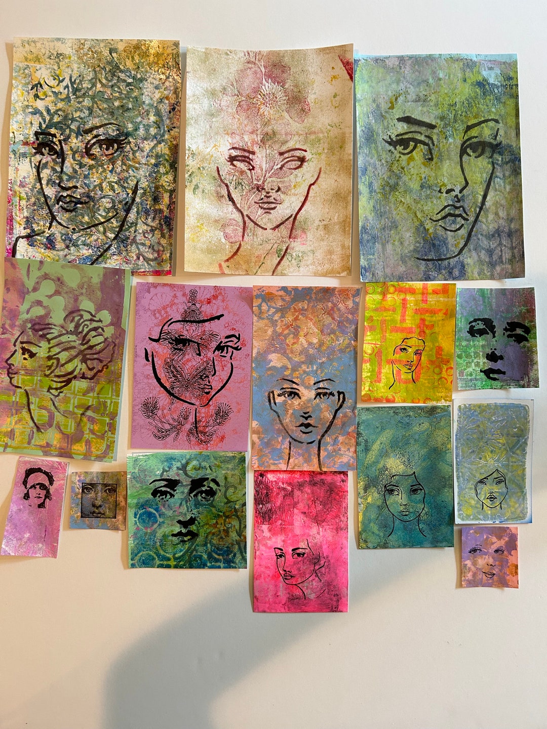 SET of 15 GELLI Prints Female Faces Handmade PAPER Junk Journal Page ...