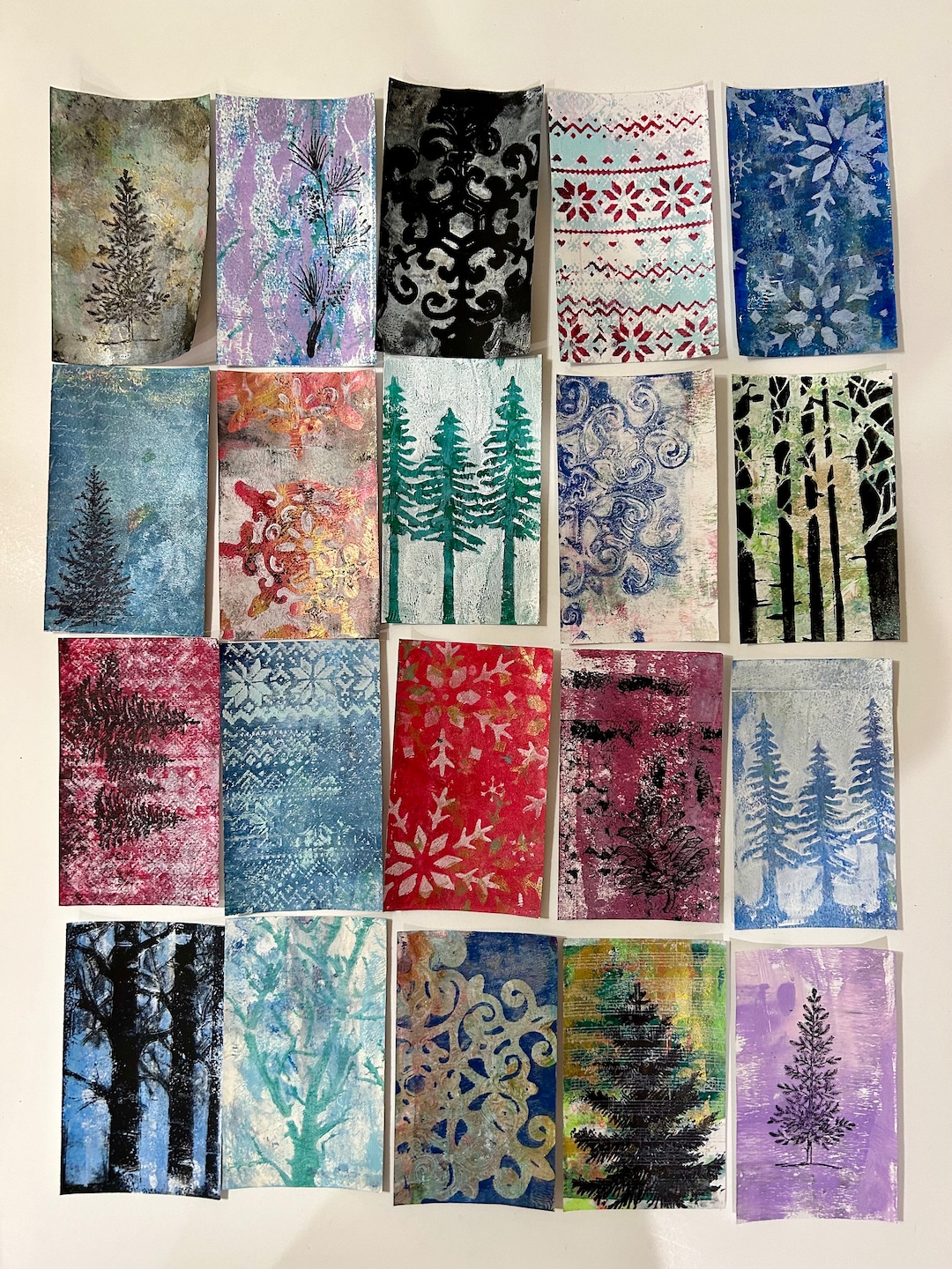 Winter Themed GELLI PRINTS Abstract Index Cards Set of 20 Handprinted ...