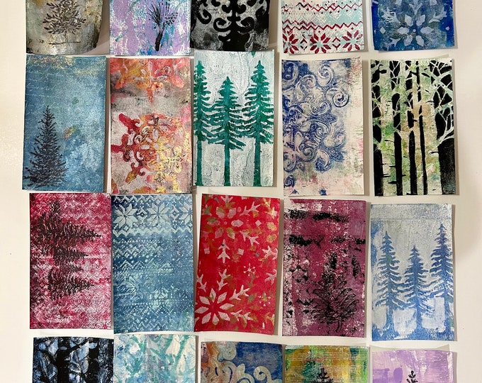 Winter Themed GELLI PRINTS Abstract Index Cards Set of 20 Handprinted ...