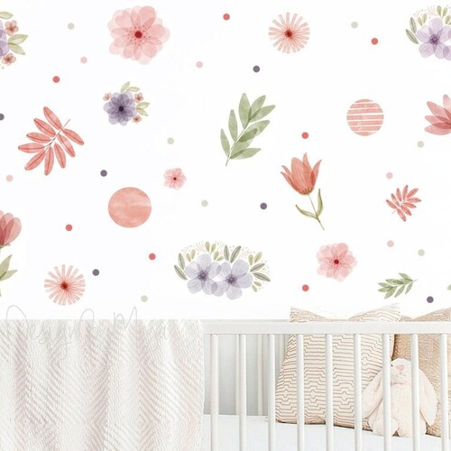Baby Girl Pink Flowers Foliage Wall Stickers Watercolor - Etsy