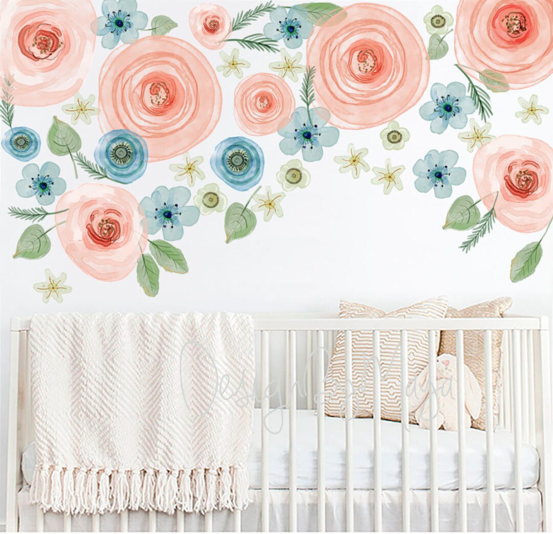 Baby Girl Pink Flowers Foliage Wall Stickers Watercolor Flowers Decals ...