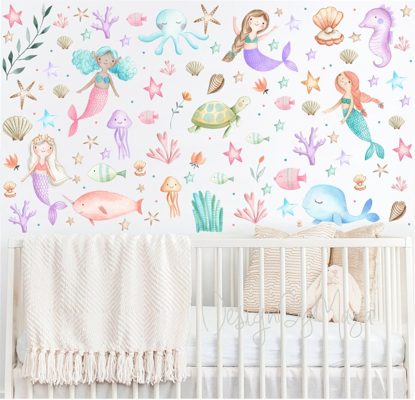 Mermaids and Sea Life Decals, Mermaid Fabric Wall Stickers, Ocean Life ...