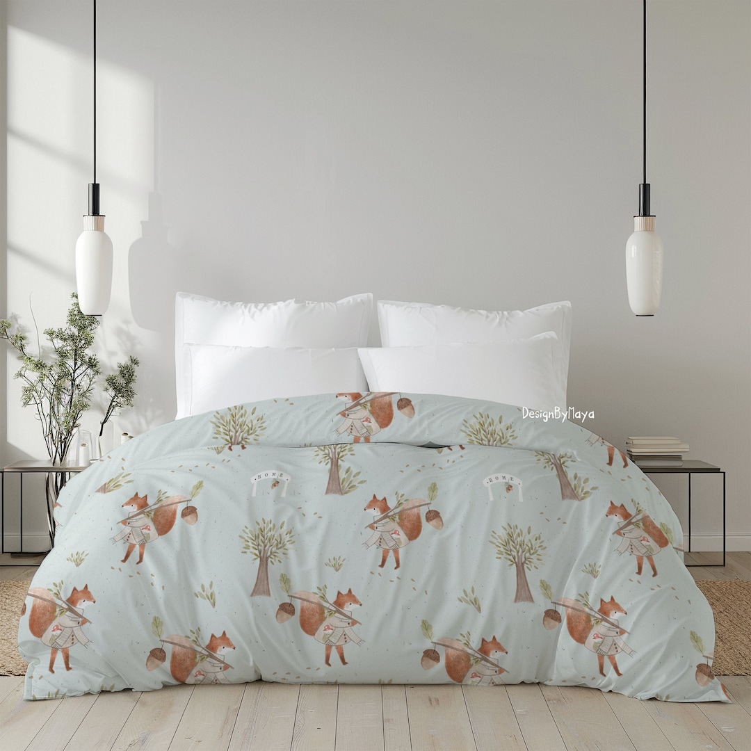 Fox With Acorn Duvet, Whimsical Forest Duvet, Woodland Theme Bedding ...