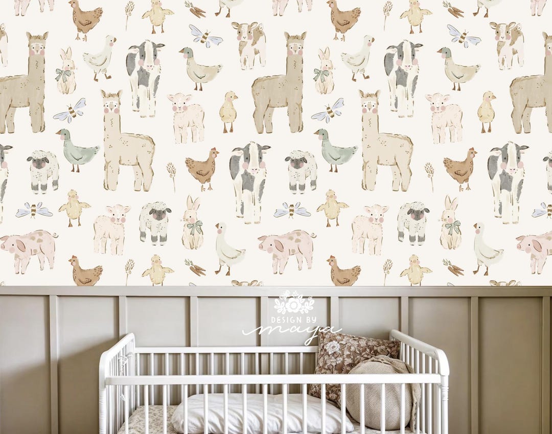 Vintage Farm Animals Wallpaper: Ducks, Whales, Nautical Nursery Mural ...