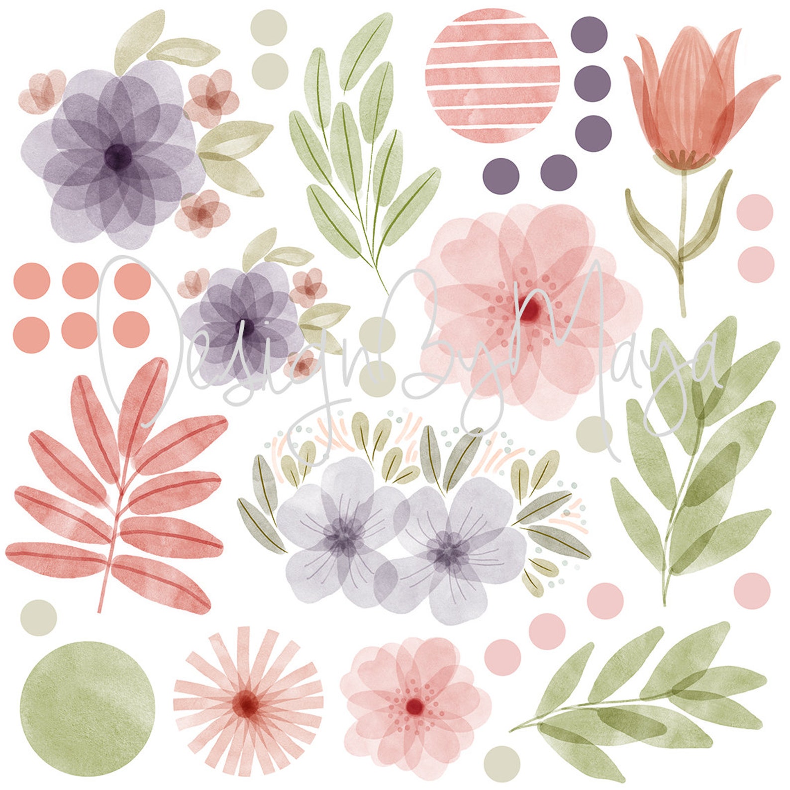 Baby Girl Pink Flowers Foliage Wall Stickers Watercolor - Etsy
