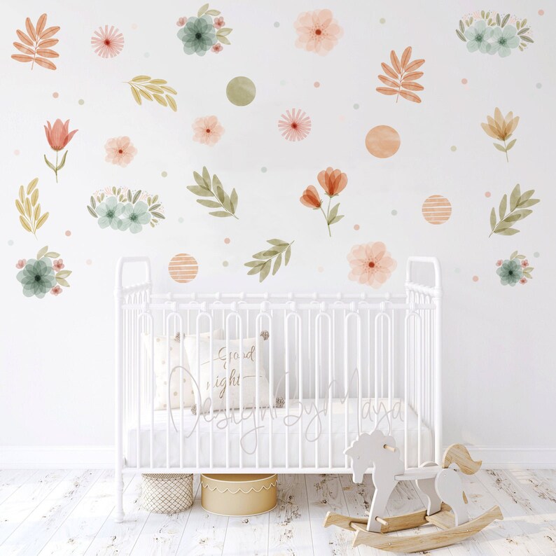 Baby Girl Pink Flowers Foliage Wall Stickers Watercolor - Etsy