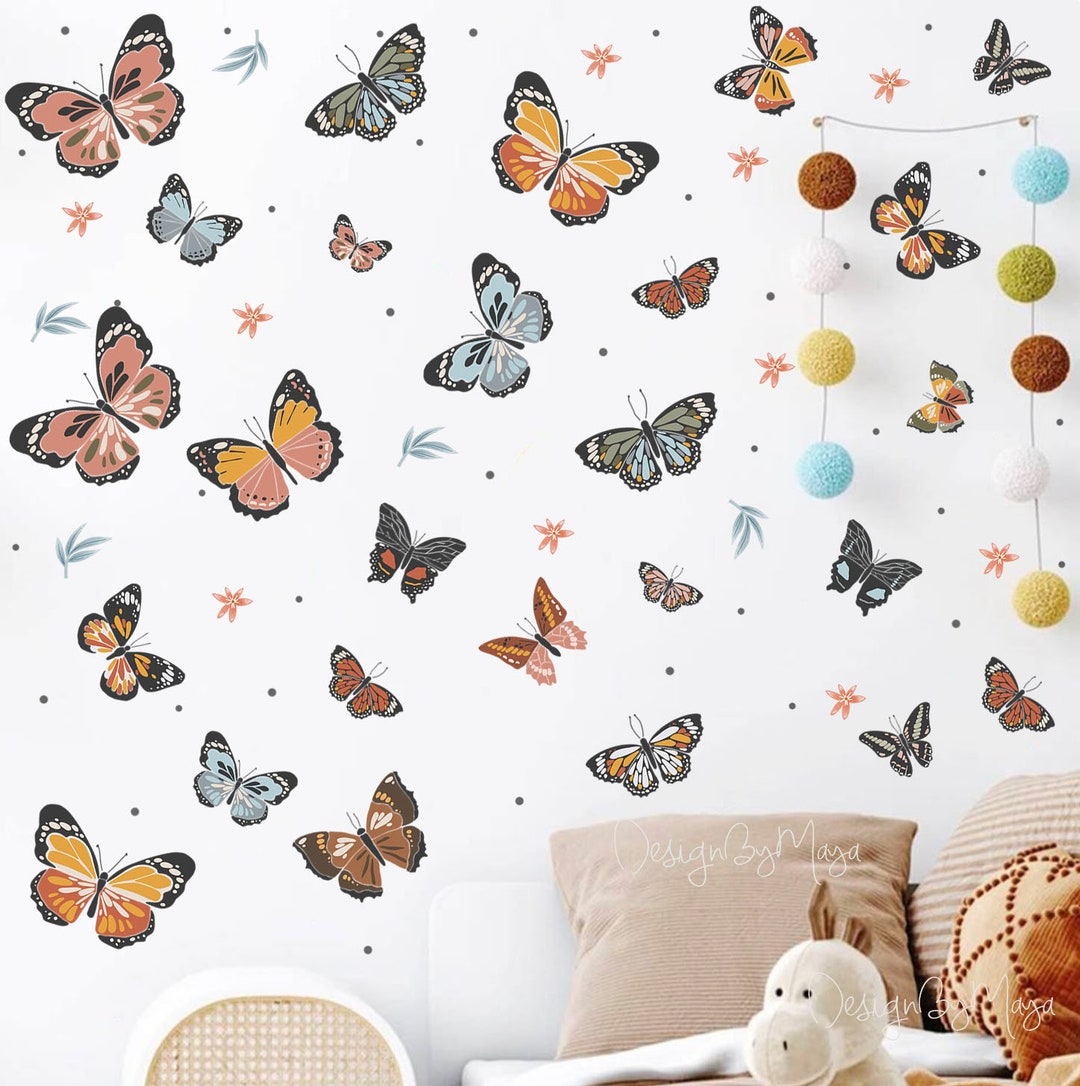Boho Butterfly Wall Stickers, Earth Tones Foliage Decor, Leaves Decals ...