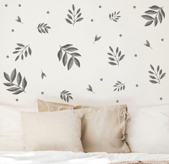 Shades of Gray Leaves Decals Boho Bedroom Foliage Wall - Etsy