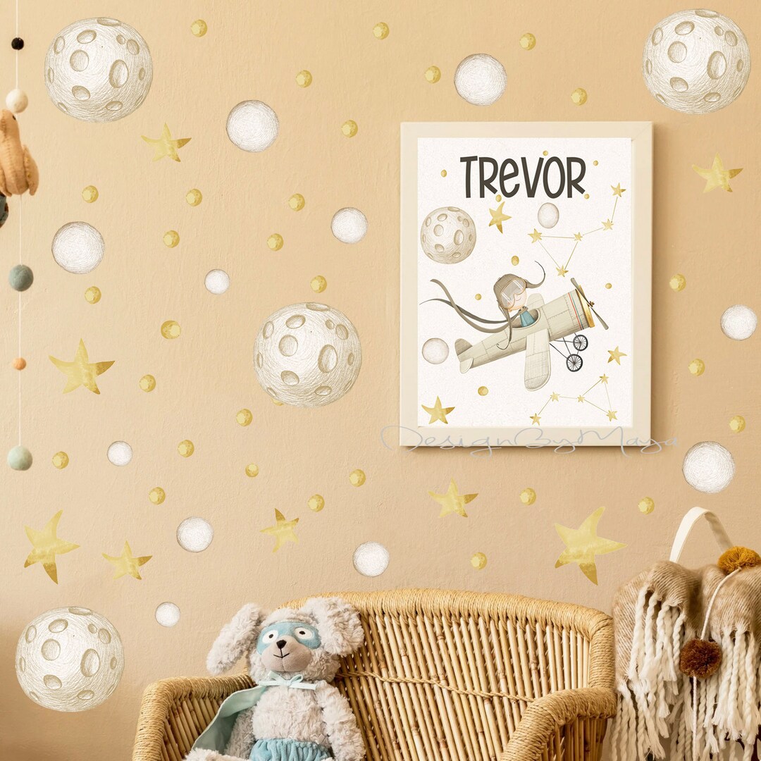 Stars and Moon Nursery Decal, Baby Decor Watercolor Stars, Nursery Art ...