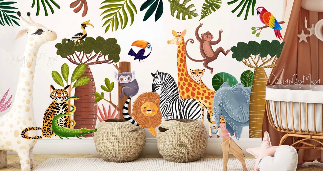 Safari Wall Stickers, Baby Room Wall Decor Watercolor, Jungle Decor ...