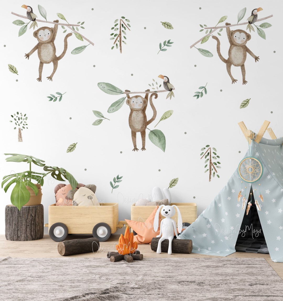 Jumping Monkey Decals, Watercolor Safari Wall Stickers Baby Boy Decor ...