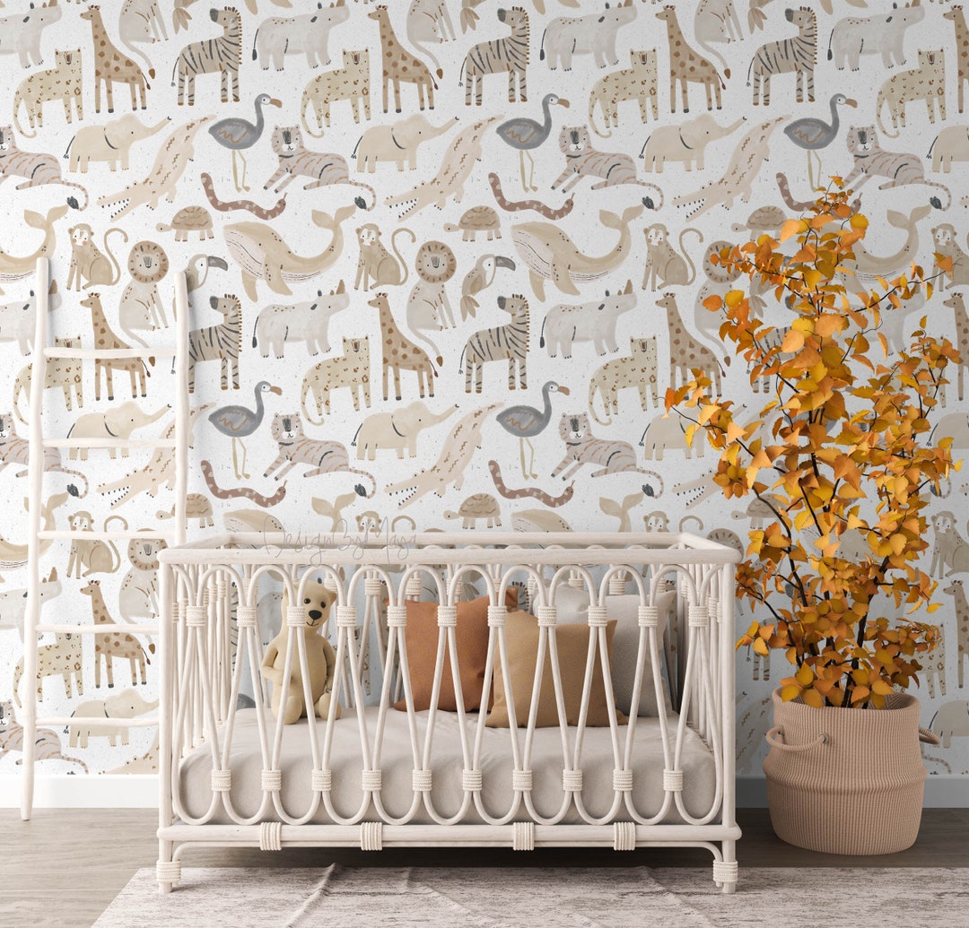 Jungle Animals Wallpaper, Nursery Boho Style Vintage Illustration ...