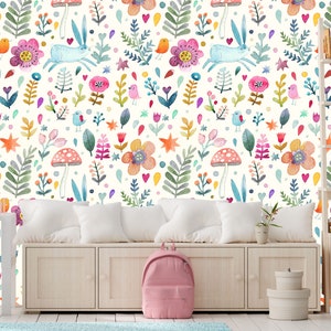 Bunny Wallpaper Kids Room Wallpaper Girl Nursery Wall Decor Baby Girl ...