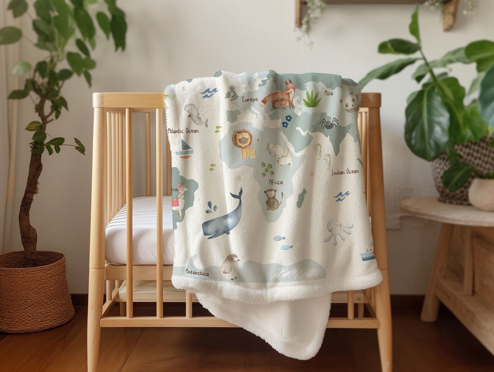 Baby Animals Sherpa Blanket: World Map Nursery Bedding - Etsy