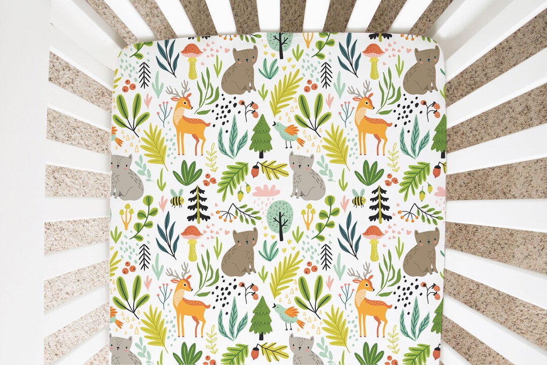 Woodland Illustration Deer Bear Crib Sheet Minky Forest Crib Bedding ...