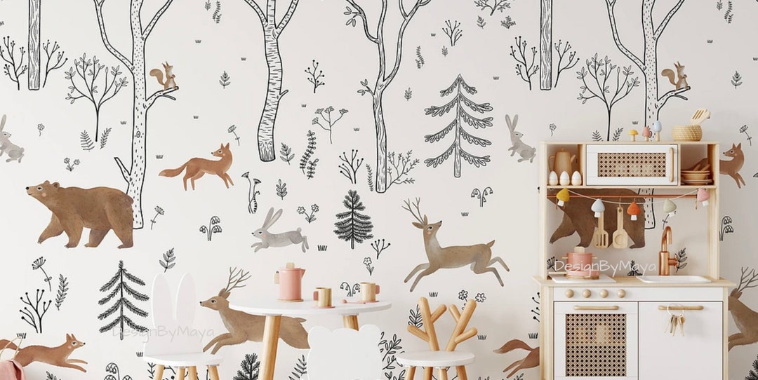 Woodland Animals Wallpaper: Boho Nursery Decor, Peel and Stick Mural - Etsy