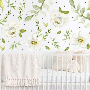 Large Flowers Girl Nursery Ranunculus Hibiscus Green Leaves Decals Boho ...