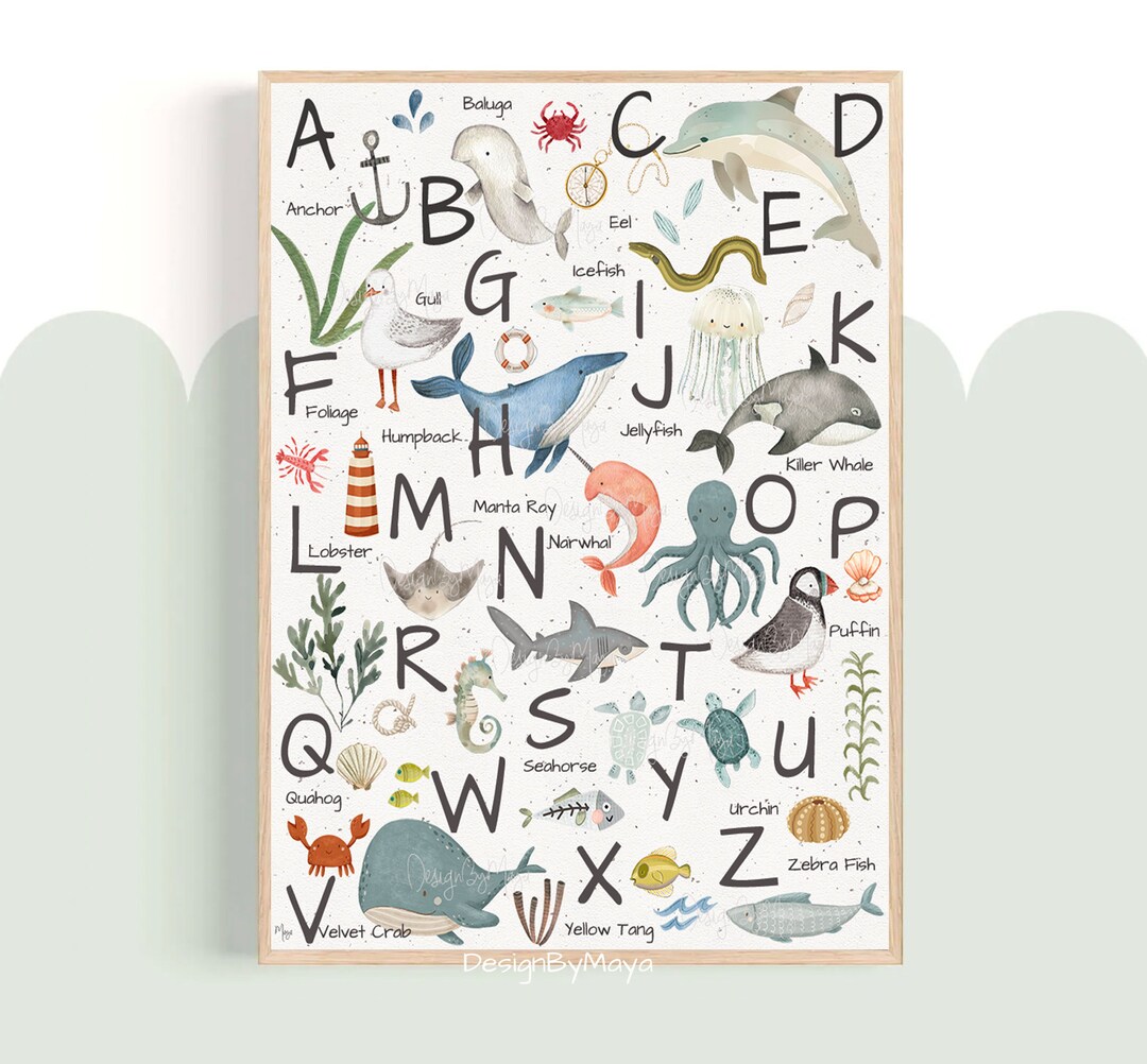 Nautical Abc Print, Sea Animals Wall Art, Ocean Nursery Theme, Baby ...