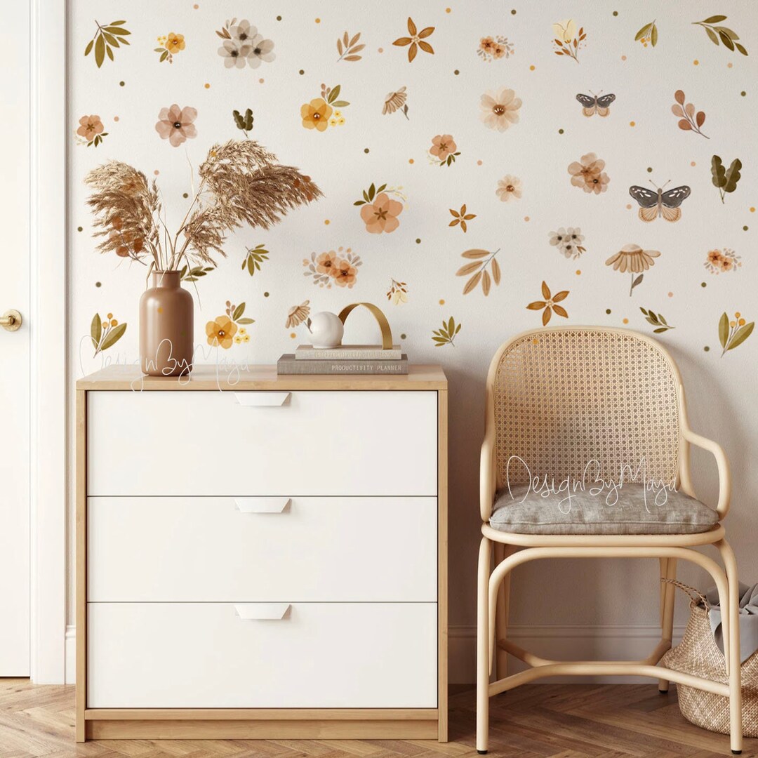 Boho Floral Wall Decals: Earth Tone Leaves, Scandinavian Kids Decor - Etsy