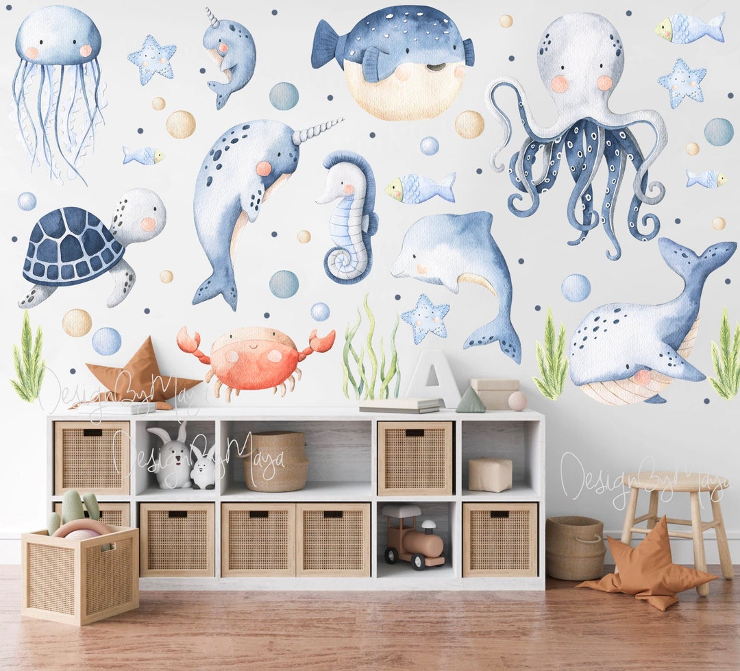 Sea Life Decals, Ocean Creatures Murals, Mermaid Fabric Wall Stickers ...