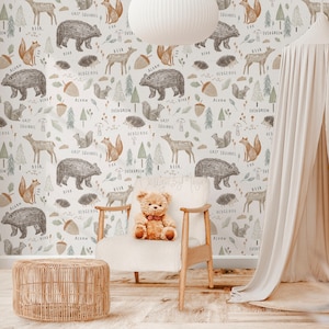 Woodland Nursery Wallpaper, Boho Style Vintage Nursery Wallpaper, Kids ...