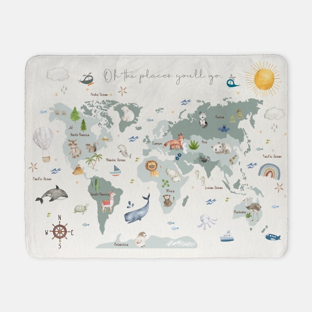 My World Minky Blanket, World Map Nursery, Baby Animals Blanket, Baby ...
