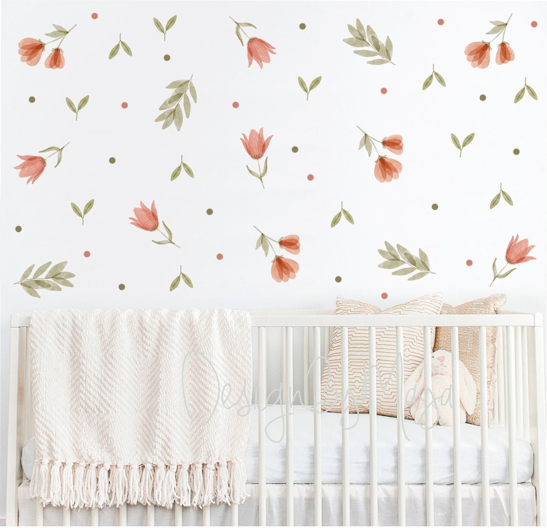 Red Flowers Foliage Wall Stickers Green Leaves Decals Botanical Decor ...