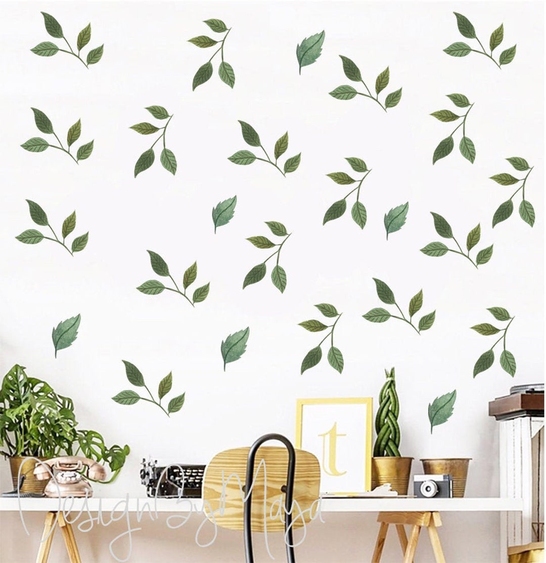 Fabric Leaves Decals, Botanical Print, Green Leaf Wall Decal, Wall ...