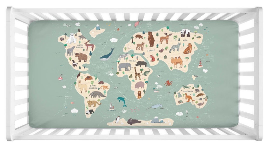 World Map Crib Sheet Minky or Jersey Our World Nursery Baby Bedding ...