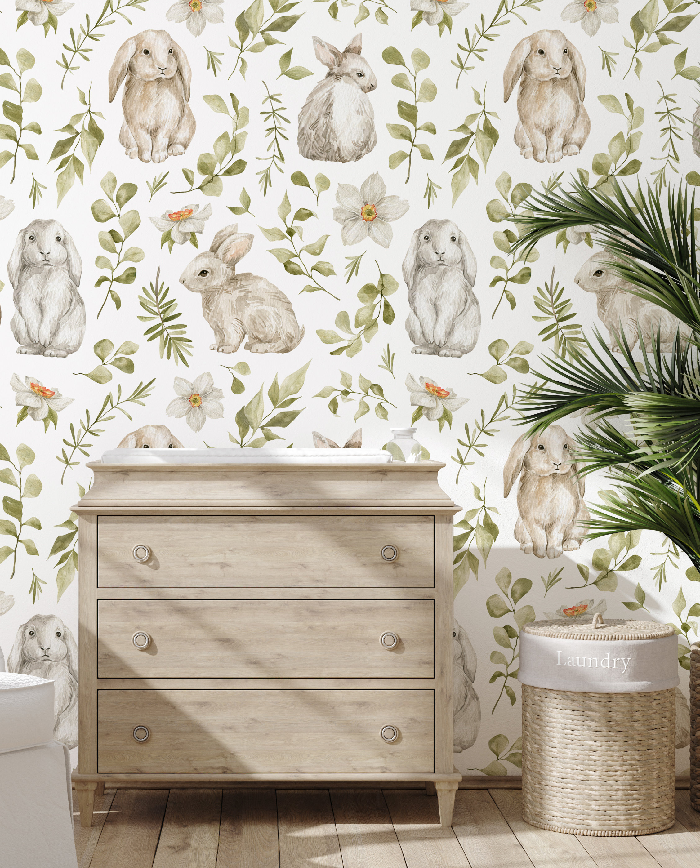 Bunny Wallpaper: Watercolor Rabbit, Floral Kids Nursery Decor - Etsy