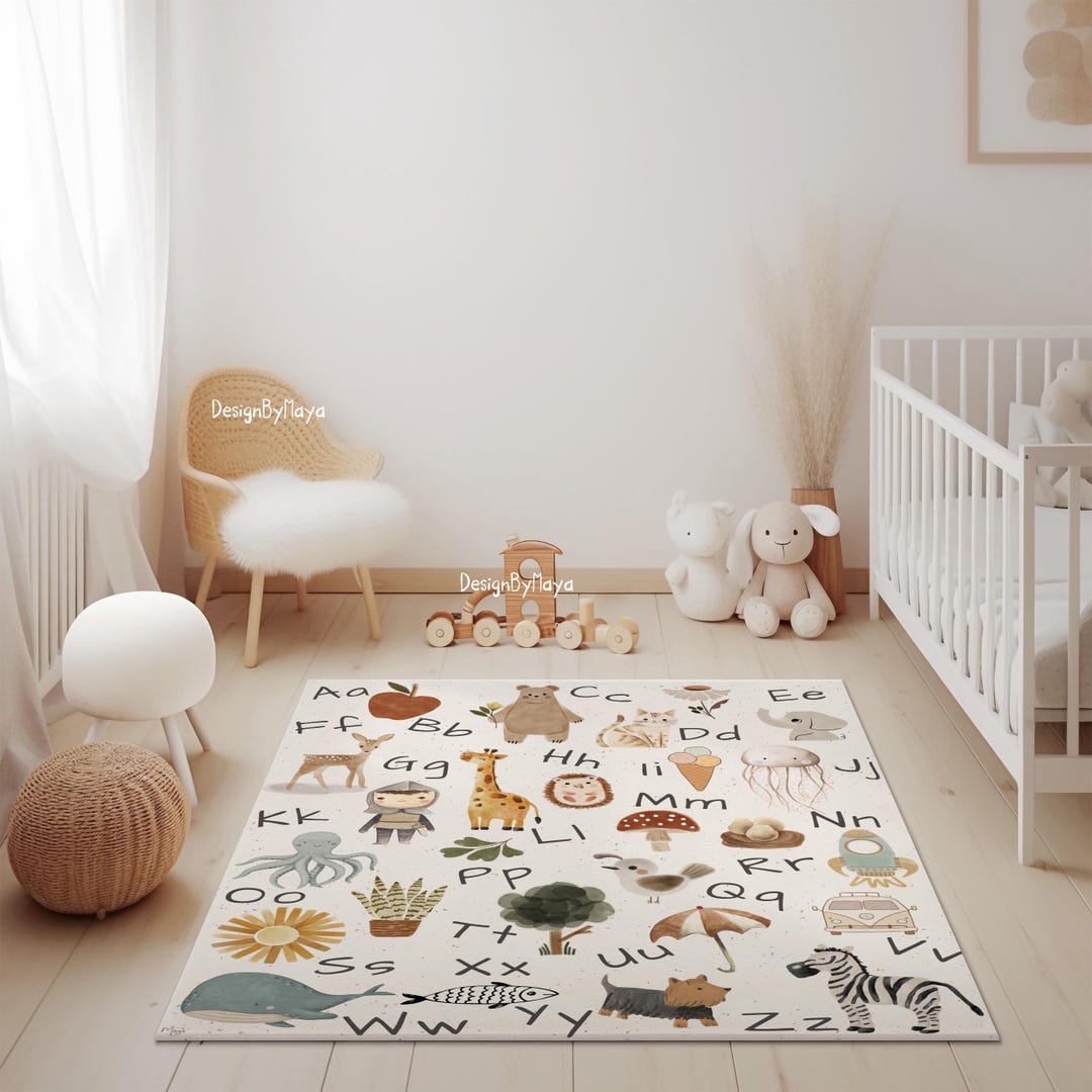 Baby Animals Abc Rug, Kids Room World Map Rug, Play Rug, Play Mat ...