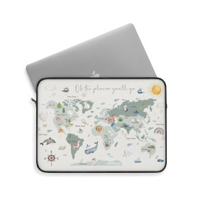 Boho Style Laptop Sleeve, World Map Design Laptop Sleeve, Foliage Decor ...