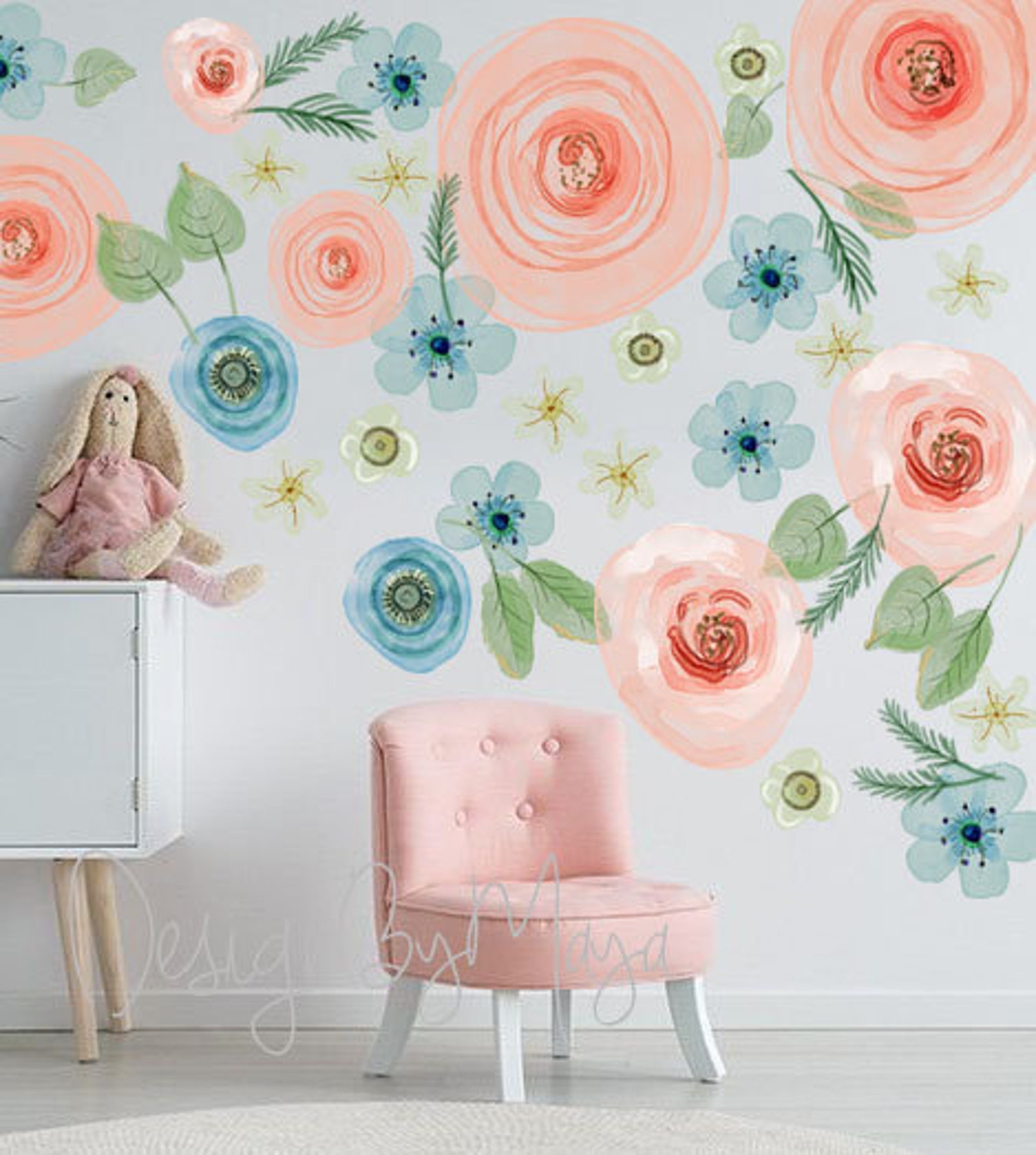 Flowers Decals Baby Blue Flowers Foliage Wall Stickers - Etsy