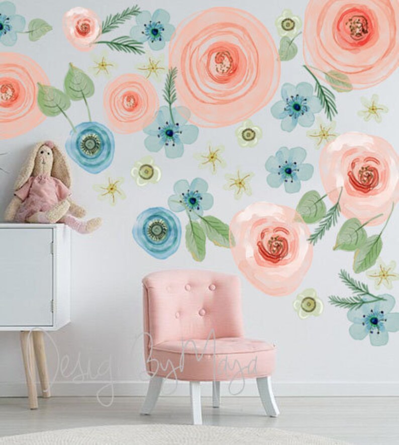 Flowers Decals Baby Blue Flowers Foliage Wall Stickers - Etsy