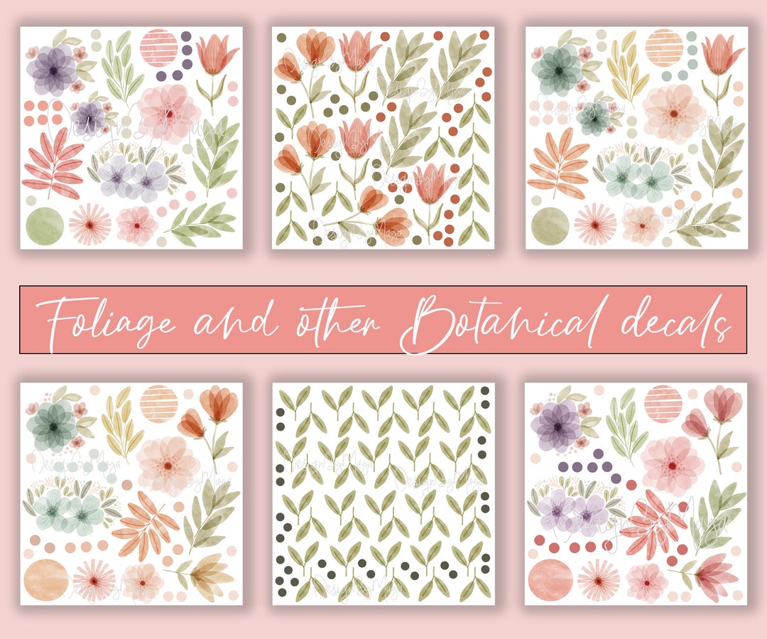 Boho Flowers Wall Stickers, Earth Tones and Green Leaves Decals ...