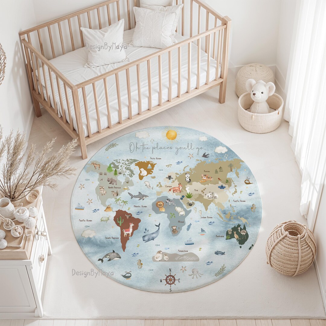 World Map Rug, Oh the Places You'll Go Round Rug, Round Rug, Play Rug ...