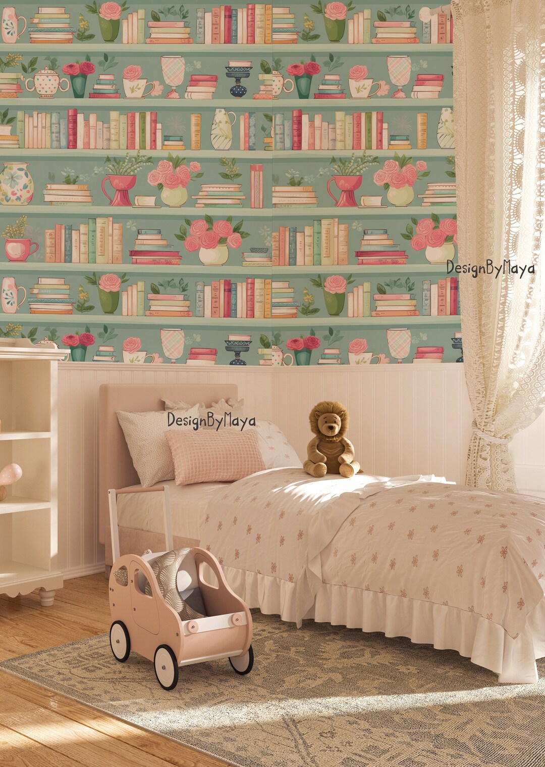 Books and Flowers on Bookshelf Wallpaper, Mint and Pink, Duck Wallpaper ...
