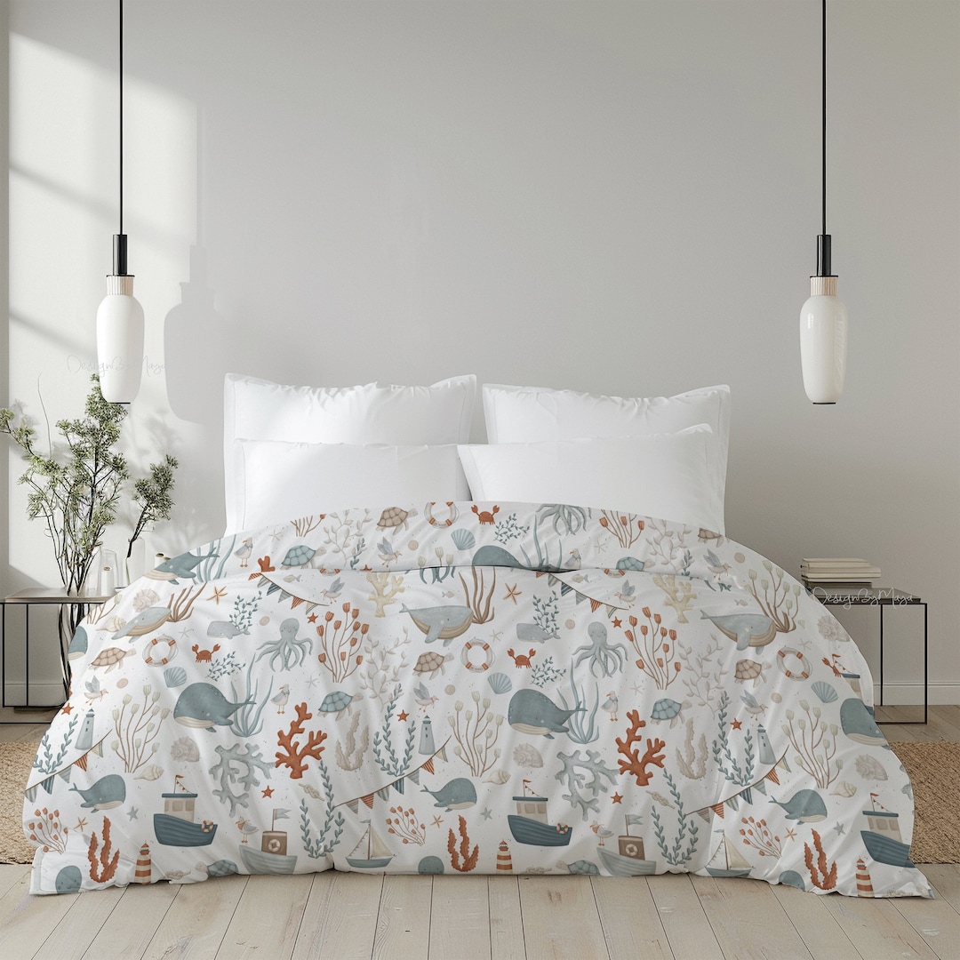 Nautical Duvet: Ocean Sea Life Comforter, Coastal Bedding - Etsy