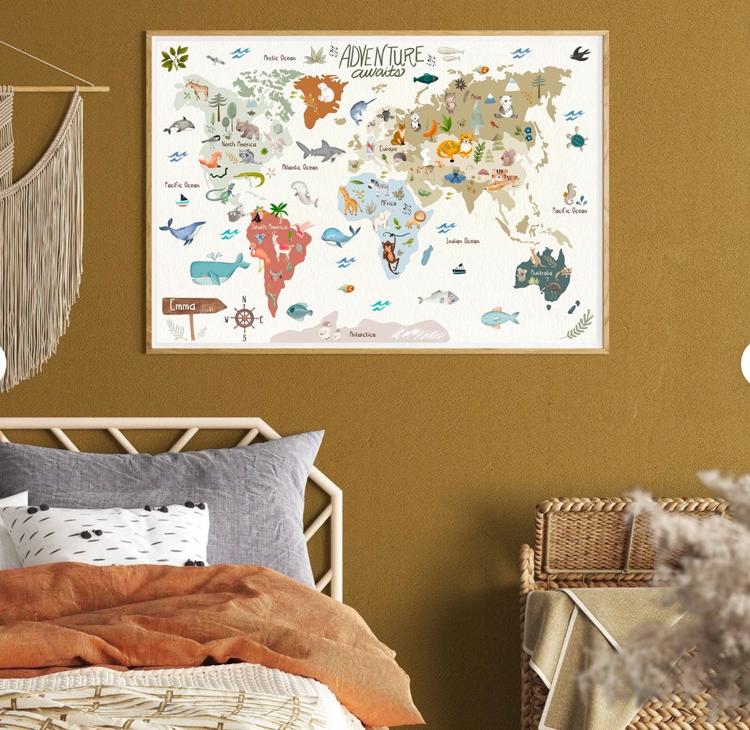 World Map Kids Room Wall Print World Animals Nursery Print - Etsy