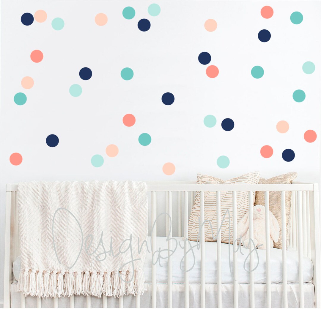 Nursery Decals, Baby Nursery Wall Decal, Teal Navy Coral Polka Dots ...