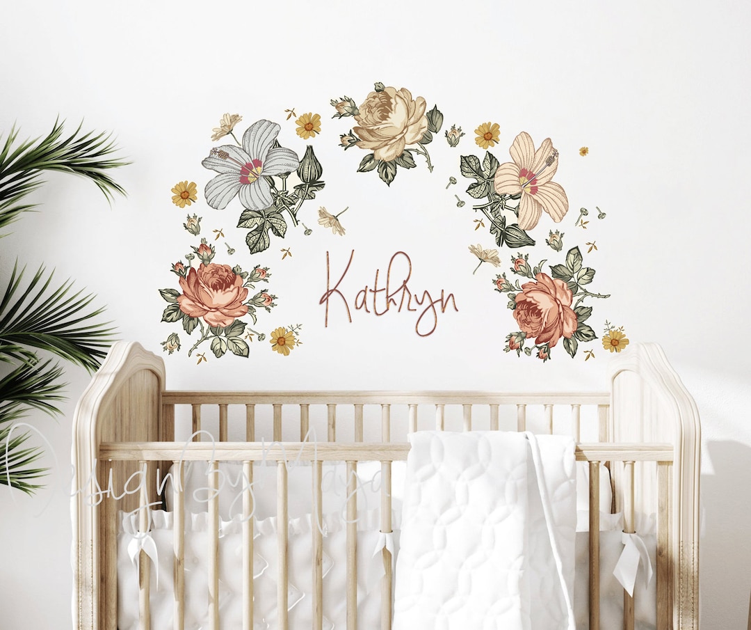 Baby Girl Flowers Foliage Wall Stickers Botanical Decals Illustration ...
