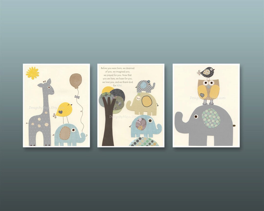 Elephant Nursery Art Prints: Yellow, Teal, Gray, ABC - Set of 3 - Etsy