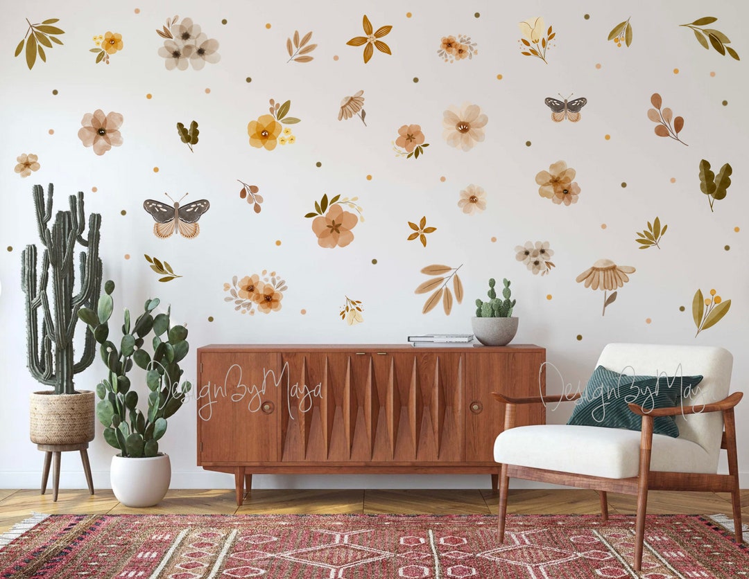 Boho Floral Wall Decals: Earth Tone Leaves, Scandinavian Kids Decor - Etsy