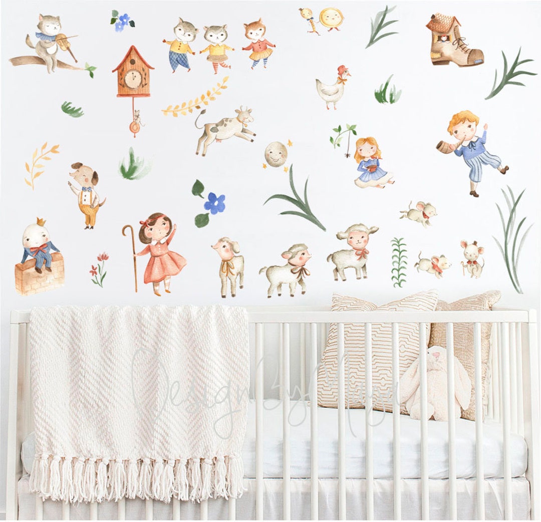Watercolor Mother Goose Nursery Rhymes Wall Decor Fabric Decals Nursery ...