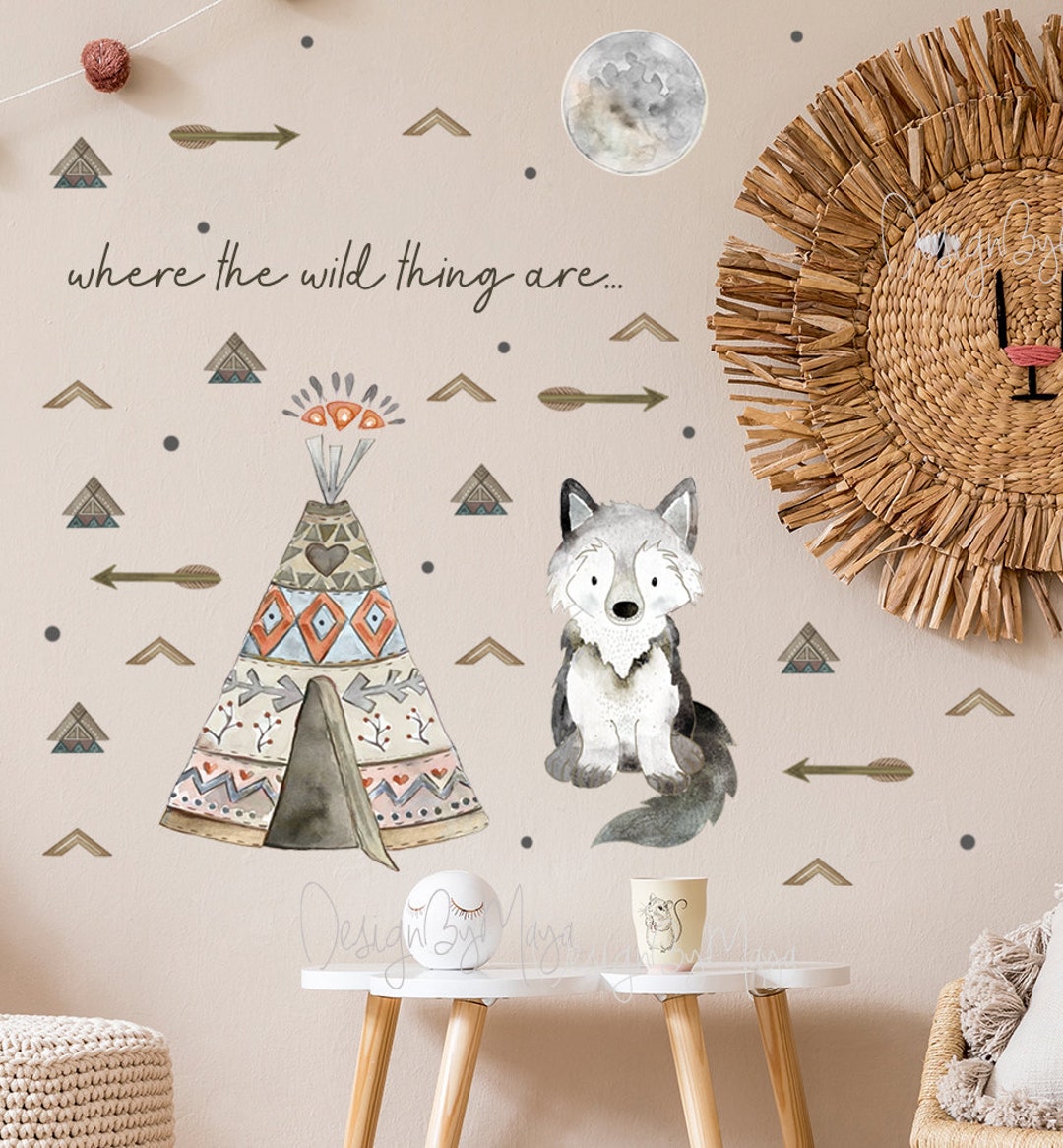 Boho Tribe Theme Baby Room Wall Decal, Fabric Watercolor Room Mural ...